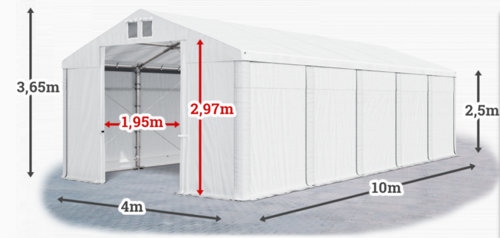 Skladový stan 4x10x2,5m střecha PVC 580g/m2 boky PVC 500g/m2 konstrukce ...